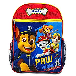 DIBSIES Personalized 16" Paw Team - Chase, Marshall, Rubble, and Skye Is On A Roll Backpack with Bonus Lunch Bag, Carabiner Clip, and Character Dongle
