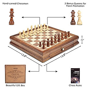 AMEROUS 12.8" x 12.8" Magnetic Wooden Chess Set with 2 Built-in Storage Drawers - 2 Bonus Extra Queens - Gift Packaging - Staunton Chess Pieces, Board Games Chess Sets for Adults and Kids