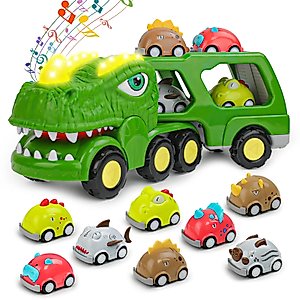 HEGUD Dinosaur Car Toy for 4 5 Years Old Boys, 9-in-1 Friction Power Carrier Truck Toys for Kids 4-5, Christmas Birthday Gift with Sound & Lights for Boys Girls Kids Toddlers for Age 4-9