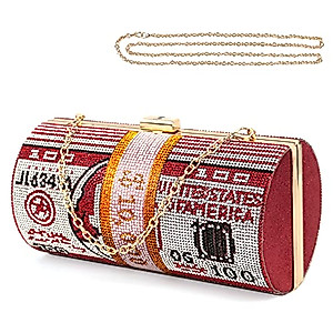 LADIHAB Money Roll Purse Bling Diamond Purse for Women Sparkly Purse Dollar Clutch Purse Red Rhinestones Evening Clutch for Party