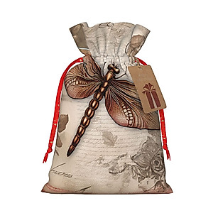 Dwrepo Dragonfly Bee Christmas Gift Bags Burlap Gift Wrap Bags Reusable Drawstring Gift Bags with Tags Xmas Holiday Party Favors Bags