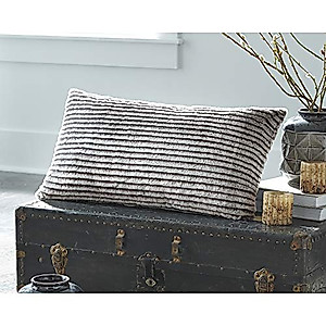 Signature Design by Ashley Metea Faux Fur Lumbar Throw Pillow, 14 x 26 Inches , Light Gray