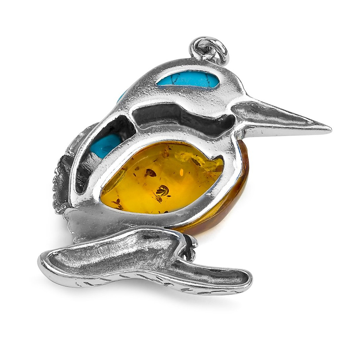 Ian and Valeri Co. Amber Sterling Silver Turquoise Blue Kingfisher Bird Pendant