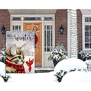 Winter Cat Garden Flag 12x18 Vertical Double Sided Cardinal Bird Snow Christmas Holiday Outside Decorations Burlap Yard Flag BW230