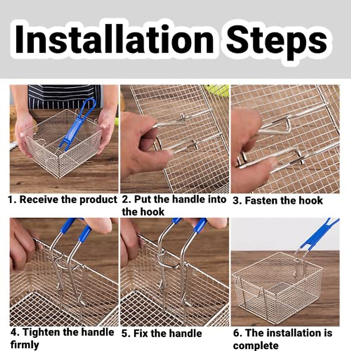 2PCS Deep Fryer Basket, 11.02"×7.87"×5.71", Stainless Steel Fry Basket with Non-Slip Handle, Sturdy Square Food Strainer for Home and Heavy Duty Nickel Plated Iron Construction Commercial Use