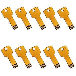 Lot 10 1GB Key Shape USB Flash Drive 1G Metal Memory Pen Stick Thumb Drive Wholesale Bulk Pack (1GB, Gold)