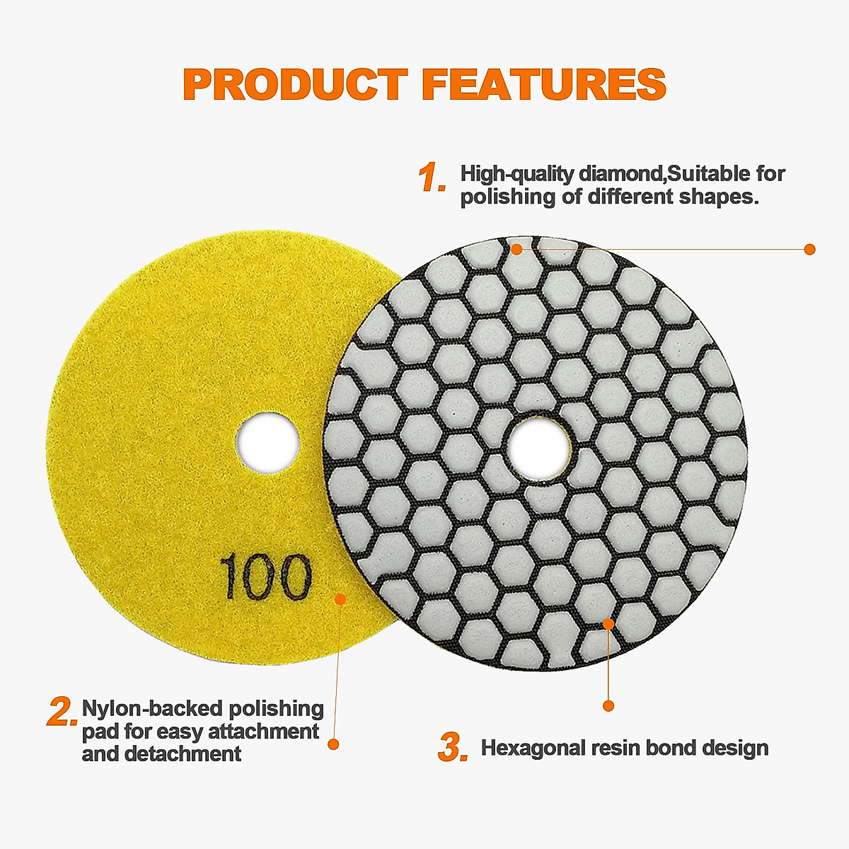 BRSCHNITT Dry Diamond Polishing Pad Set,7pcs 4 inch (#50*4，100*3),for Granite Stone Marble Sanding used on Grinder or Polisher, with Hook & Loop 5/8-11 Aluminum Backing Holder Pads