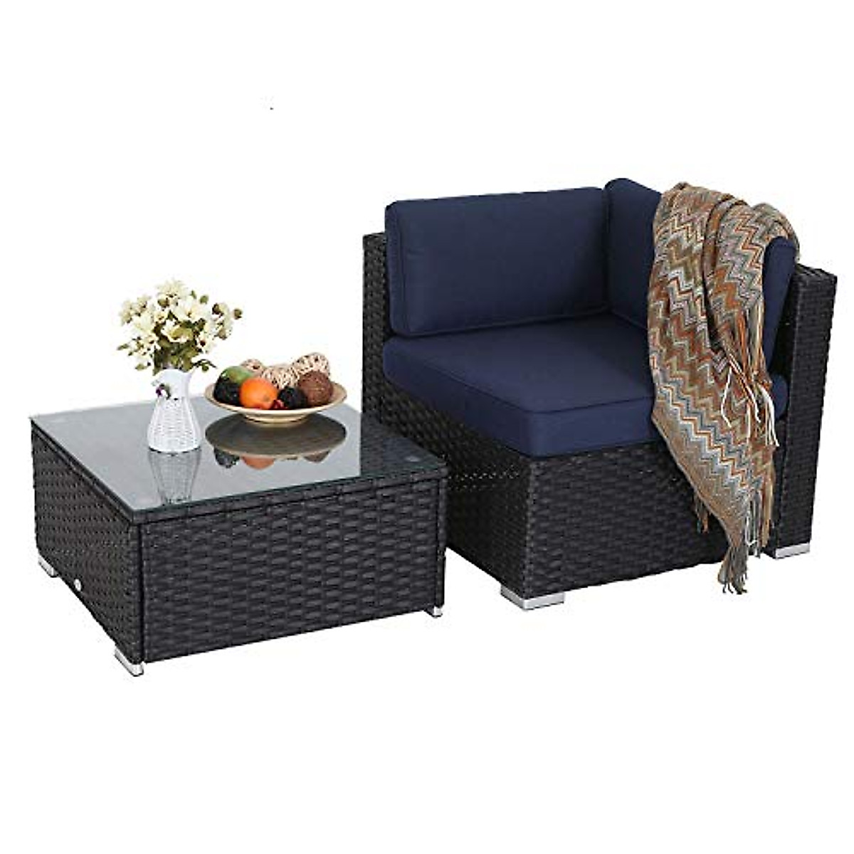 PHI VILLA Outdoor Sectional Furniture Clearance 2 Piece Patio Sofa Set Low-Back Rattan Wicker Additional Seat, Navy Blue