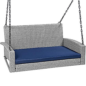 Best Choice Products Woven Wicker Outdoor Porch Swing, Hanging Patio Bench for Deck, Garden w/Mounting Chains, Seat Cushion - Gray/Navy