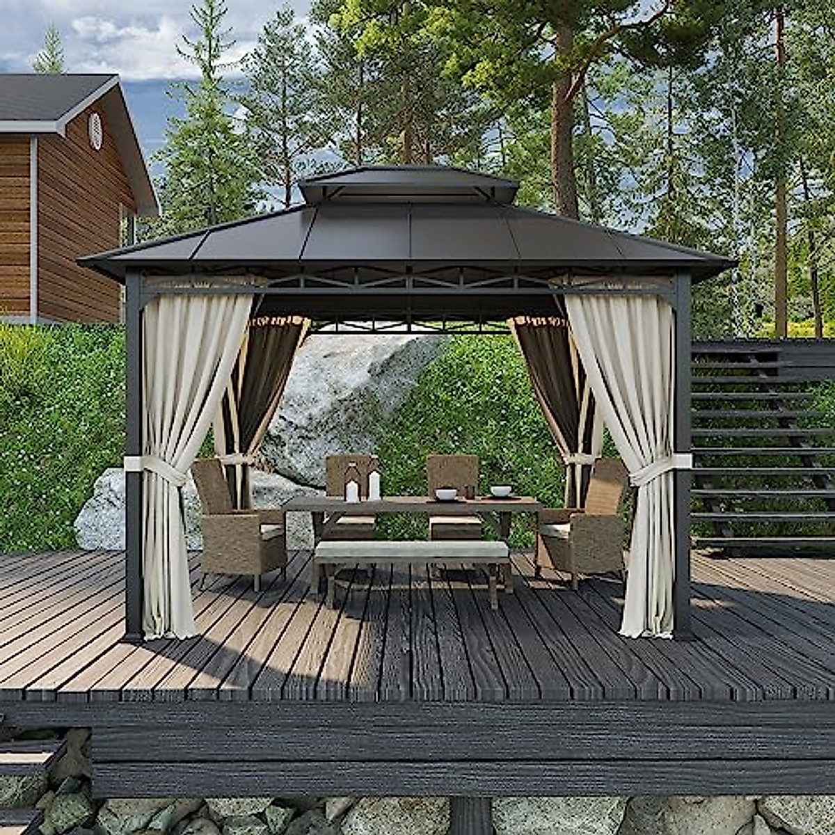 EAGLE PEAK 10x12 Outdoor Double Roof Hardtop Gazebo with Decorative Lattice Eave Steel Frame, Mosquito Mesh Netting and Light Beige Privacy Curtains, Backyard Patio Garden Gazebo Pavilion, Black