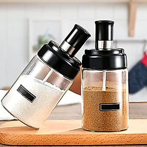 Kitchen Clear glass Spice Jars Seasonning Box Set of 4 with Spoons, Seasoning Containers Bottles with Black Cap,10oz for Home and Kitchen (4)