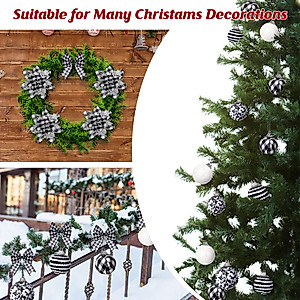 49 Pcs Christmas Tree Hanging Ornament Set Artificial Glitter Poinsettias Flower with Clips Sequin Christmas Ball Ornaments Black and White Buffalo Plaid Decorations Wired Edge Plaid Ribbon Tree Decor