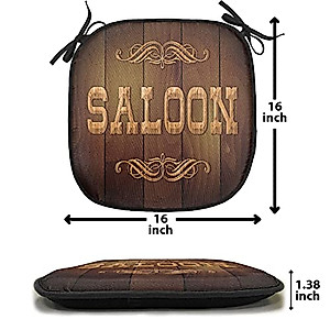 Lunarable Western Chair Cushion Pads Set of 4, Wooden Sign Saloon and Curly Ornaments on a Wood Wall Classic American Bar Print, Anti-Slip Seat Padding for Kitchen & Patio, 16"x16", Brown Caramel