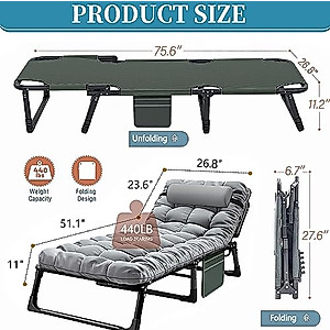 Soliles Portable Folding Camping Cot, Adjustable 4-Position Adults Reclining Chairs with Mattress,Outdoor Patio Folding Lounge Chair Sleeping Cots Bed, Perfect for Camping, Pool, Beach, Patio