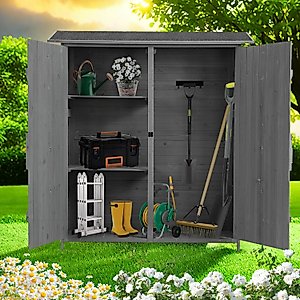 SumKea 56" Outdoor Wood Storage Cabinet, Fir Storage Shed, Outdoor Storage Shed with Metal Latch, Removable Shelves and Asphalt Roof, Suitable for Backyard, Lawn, Garden, Grey