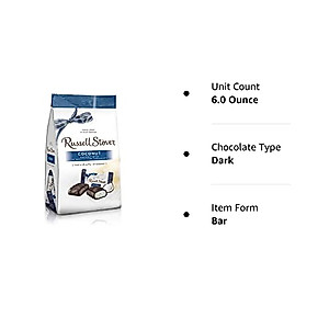 Russell Stover Dark Chocolate Coconut Mini Gusset Bag 6 Ounce Russell Stover Chocolate Coconut Chocolate Candy Bag; Sweet Coconut Covered in Rich Chocolate Candy, Individually Wrapped