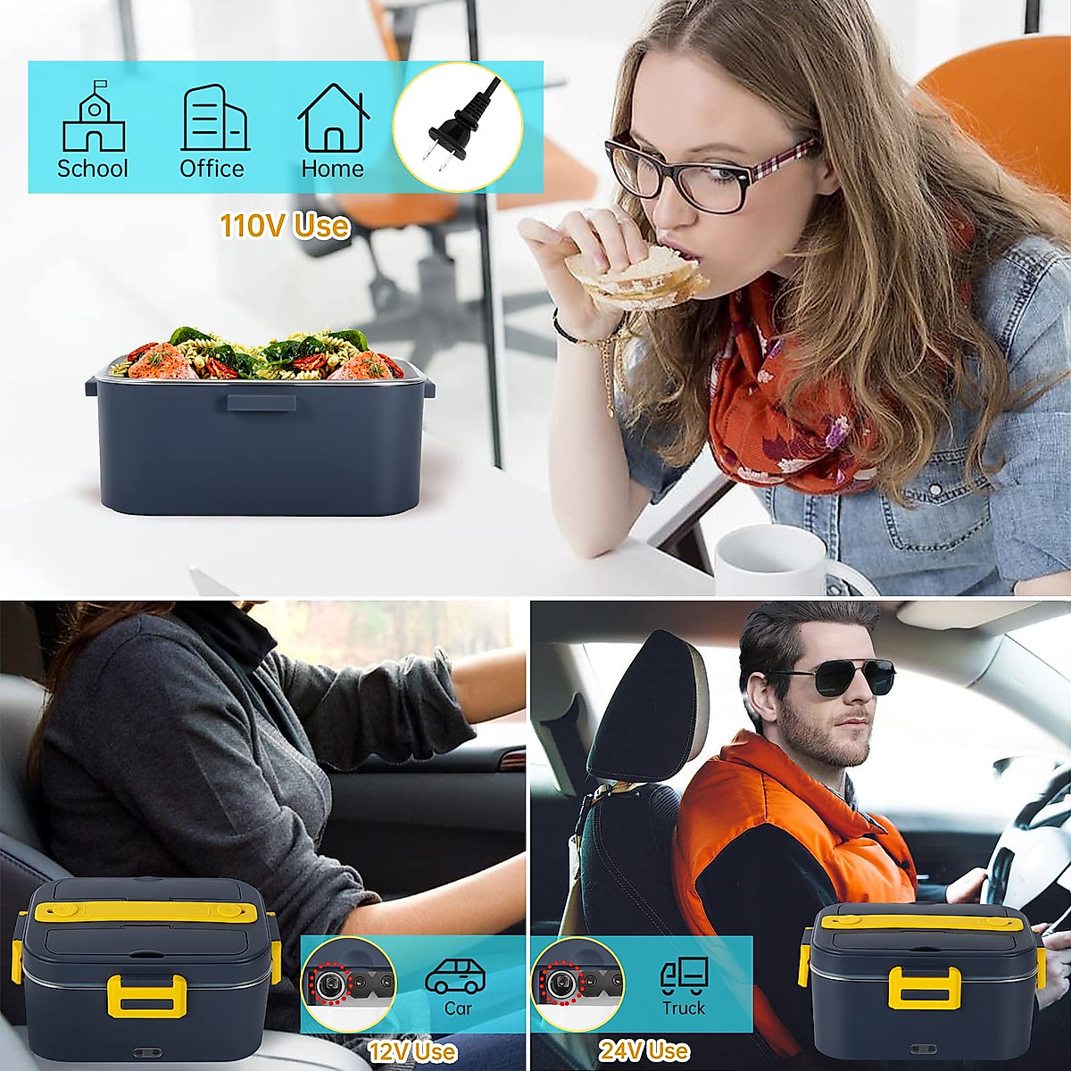 HELIJIA Electric Lunch Box Food Heater, 110V/12V/24V 3 in 1 Portable, Leak-Proof, Lunch Heater Microwave, for Car Truck Home, with Detachable 1.8L 304 Stainless Steel Container (Blue)