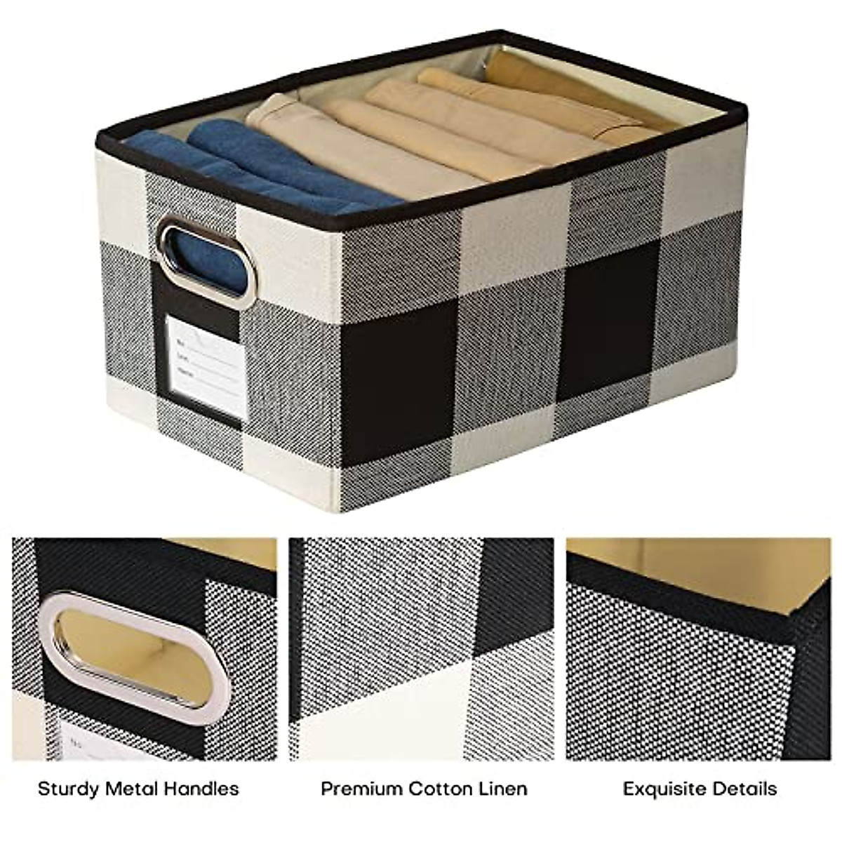 ANMINY 2PCS Storage Bins Set Cotton Linen Fabric Open Storage Basket Box Foldable Washable Rectangular Cube Organizer with Handles Label Window Pocket Thick PP Plastic Board - Medium, Black Plaid