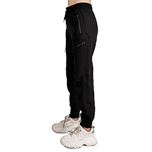 Singbring Women's Athletic Hiking Cargo Joggers Pants Outdoor Workout Lightweight Quick Dry UPF 50 Zipper Pockets (Black88-M)