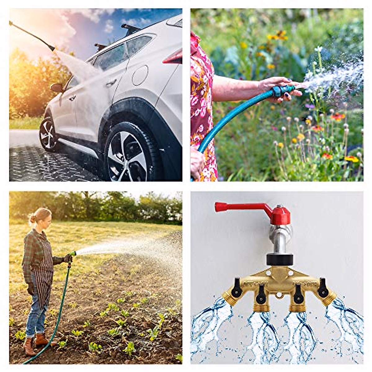 Splittars​ 4 Way Garden Hose Splitter 100% Solid Brass Outdoor Faucet Spigot Splitter, Water Hose Splitter, Hose Manifold, 4 outlets, independent on/off valves, 4 rubber washers, 3/4” Hose Connector