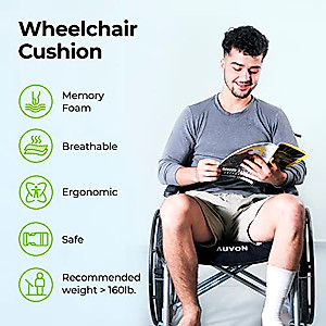 AUVON Wheelchair Seat Cushions (18"x16"x3") for Sciatica, Back, Coccyx, Pressure Sore and Ulcer Pain Relief, Memory Foam Pressure Relief Cushion with Removable Strap, Breathable & Waterproof Fabric