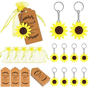 48 Set Sunflower Party Favors Includes Sunflower Keychains Yellow Organza Bags Thank You Kraft Tags Baby Shower Return Favors for Guests Birthday Summer Theme Party Bridal Wedding Baby Shower Decor