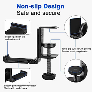 Goldmille Aluminum Headphone Stand Hanger Foldable with Cable Clip Headset Holder Clamp Hook Under Desk, Save Your Space While Working & Gaming