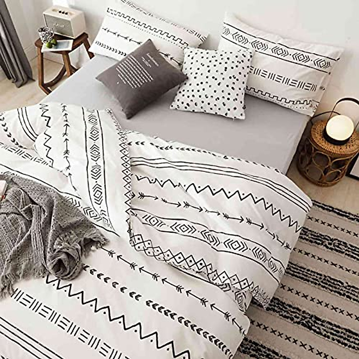 ETDIFFE Boho Geometric Duvet Cover Twin Size - 2 Piece Farmhouse Aztec Stripe Pattern Printed Microfiber Comforter Cover Set - Soft and Lightweight Bohemian Neutral Quilt Cover, White and Black