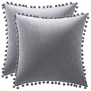 DEZENE Decorative Pillow Cases 18x18 Light-Grey: 2 Pack Cozy Soft Pom-poms Velvet Square Throw Pillow Covers for Farmhouse Home Decor