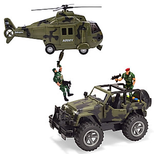 JOYIN 2 Pack Friction Powered Realistic Military Vehicle Car Set Including Convertible Military Truck, Helicopter, Army Men Action Figures and Accessories, Lights and Sounds Sirens