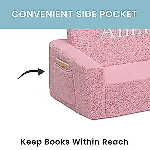 Delta Children Cozee Flip-Out Sherpa 2-in-1 Convertible Sofa to Lounger for Kids – Customize with Name, Pink