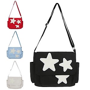 Glittery Star Pattern Y2K Messenger Bag, Stylish Spacious Aesthetic Tote for Travel, Work, and Shopping, Canvas Star Crossbody Hobo Bag (Black)