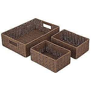 MyGift Brown Woven Small Storage Tray for Organizing, Multipurpose Nesting Basket Bin, Set of 3