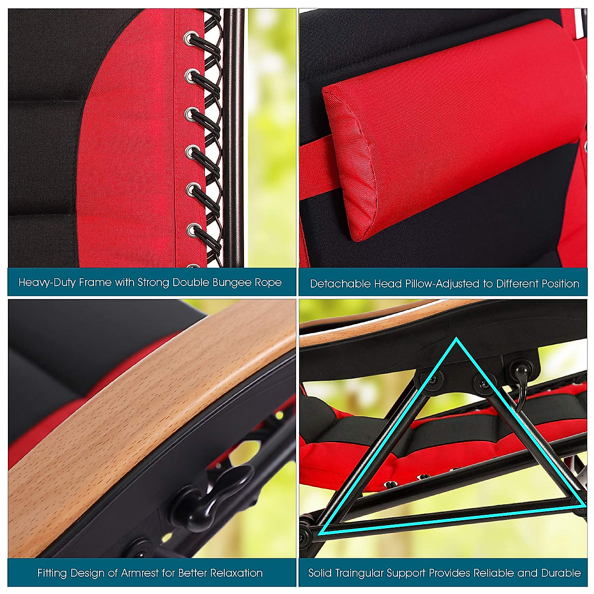 MFSTUDIO Zero Gravity Chairs, Oversized Patio Recliner Chair, Padded Folding Lawn Chair with Cup Holder Tray, Support 400lbs, Red