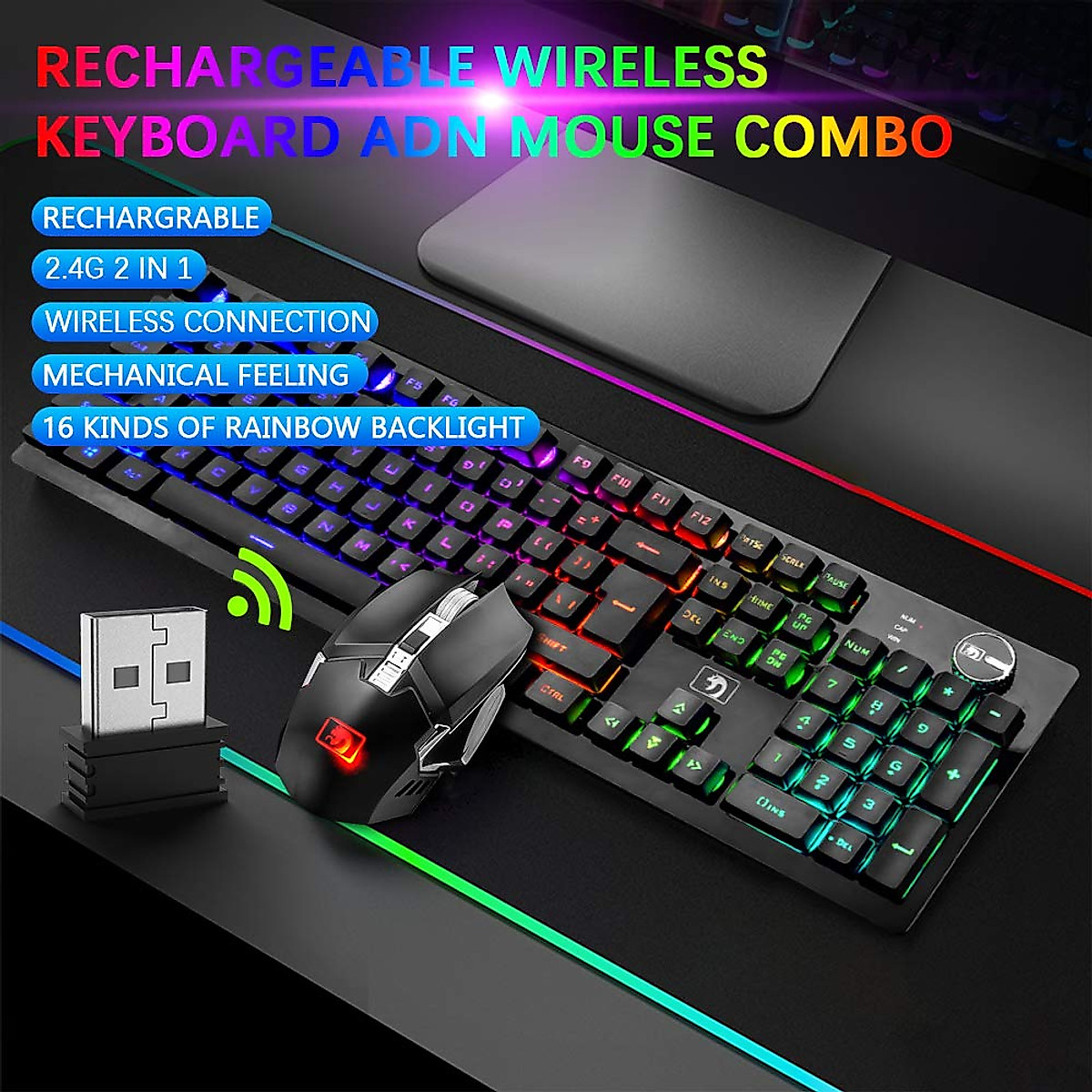FELICON Wireless Gaming Keyboard and Mouse Set, RGB Backlit Rechargeable 4800mAh Battery, Mechanical Feel Anti-ghosting Keyboard, Control Knob for Multi-Media, Mute Gaming Mouse for Windows PC Gamer