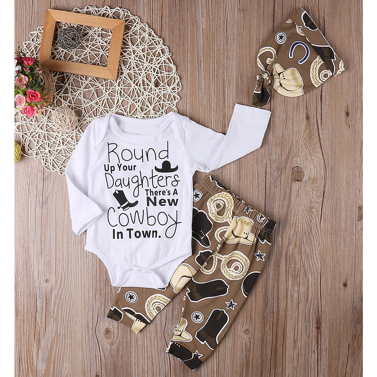 Lily.Pie Newborn Baby Boys Funny Bodysuits with Leggings Caps 3pcs Outfit Clothes (3-6M, Brown)