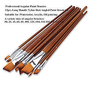 Paint Brushes Nylon Hair Angular Brushes 13pcs Long Handle Acrylic Paint Brush Set for Canvas Painting Oil Paint Professional Painting Kits (Angular 13pcs Longer Handle)