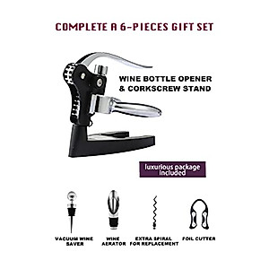Wine Opener, KITESSENSU Easy Lever Wine Corkscrew with No-Stick Worm, 6-Piece Wine Bottle Opener Set with Foil Cutter, Bottle Stopper, Pourer, Extra Cork Screw and Base, Silver