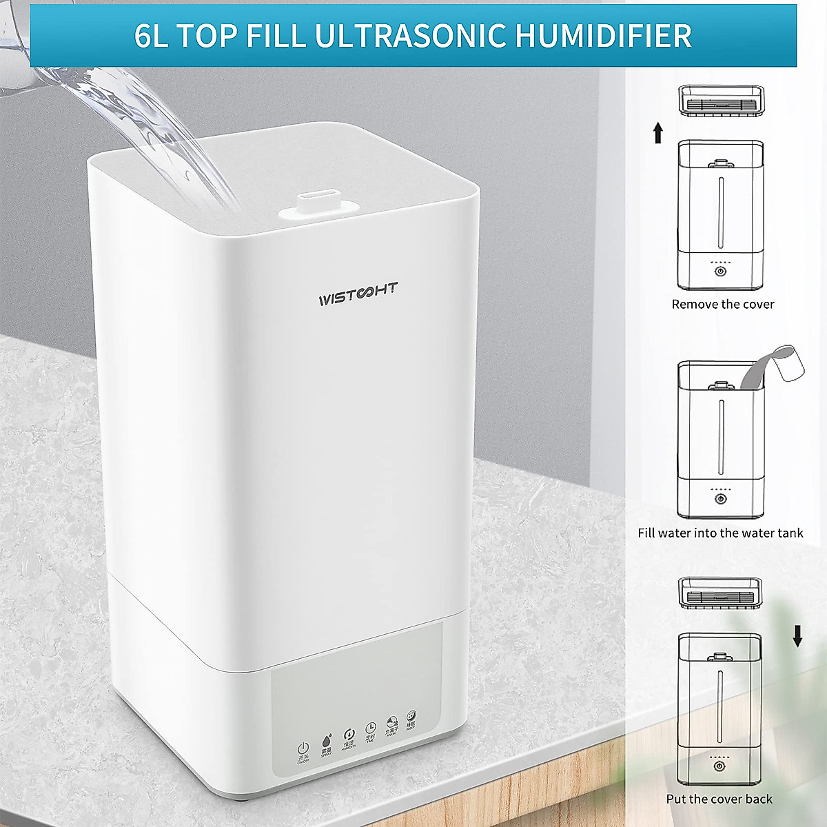 Wistopht Top Fill Humidifiers for Bedroom, 6L Ultrasonic Humidifiers for Large Room, Cool Mist Humidifier for Bedroom&Office, Quiet Anion Humidifier with Adjustable Mist Output,LED Touch Display