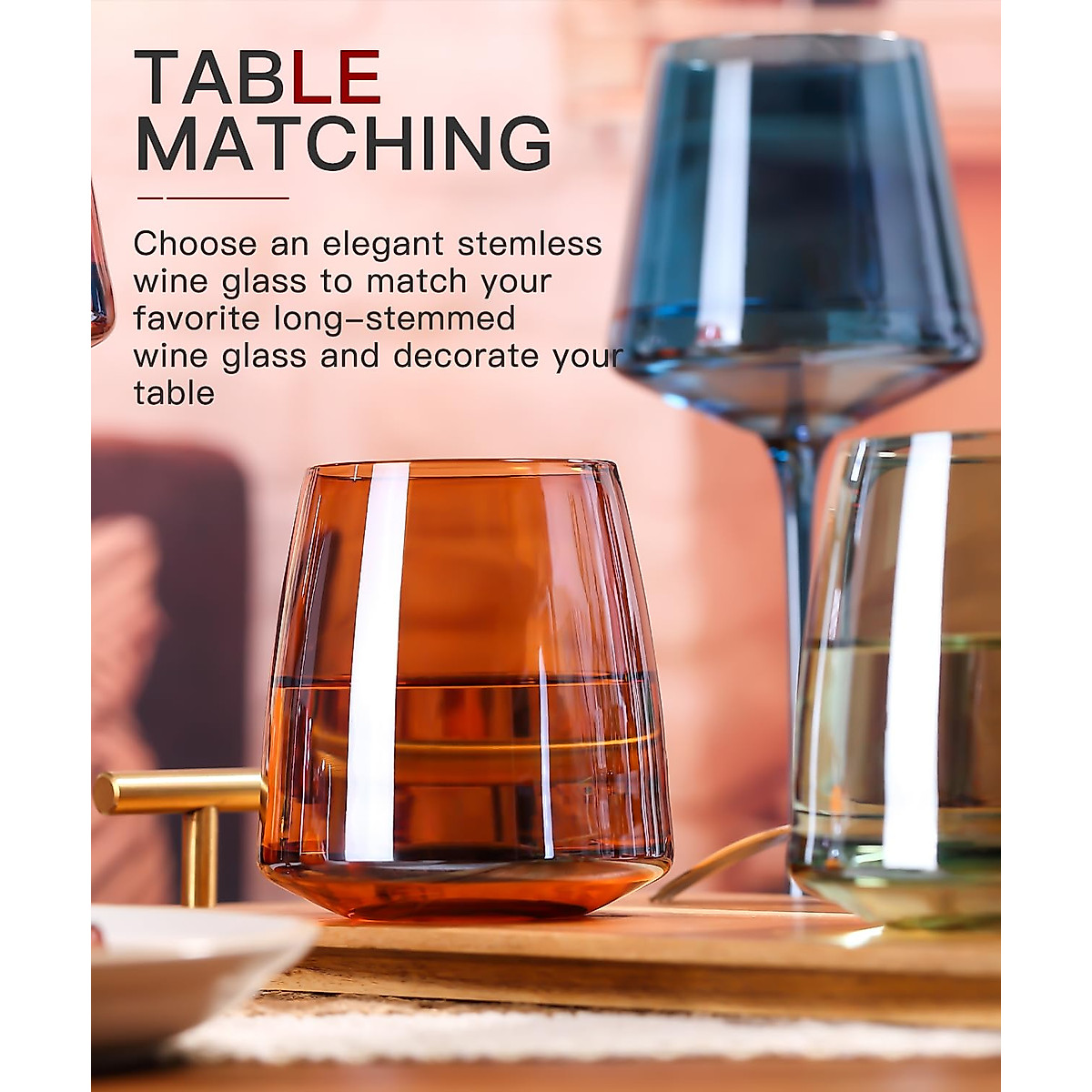 comfit Stemless Colored Wine Glasses Set of 6-15oz Colorful Wine Glasses,Perfect Red Wine Glass Stemware for Wine Lover in Mothers Day Gifts,Party