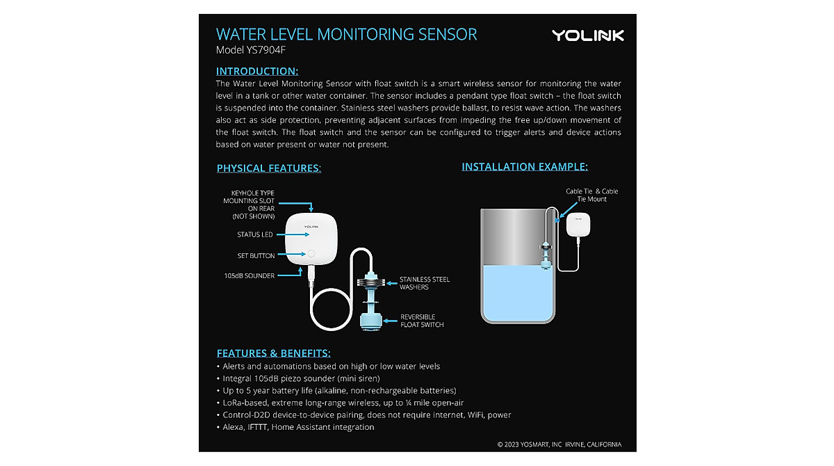 YoLink LoRa Smart Water Level Monitoring Sensor, Wireless Battery-Powered Float Switch Alarm ...