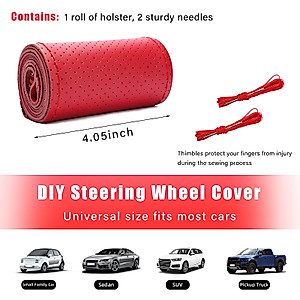 Augeny Genuine Leather Steering Wheel Cover, Breathable Anti-Slip Car Steering Wheel Protector Stitch on Wrap for Max Diameter 15 Inch, DIY Sewing with Needle Thread (Full Hole, Red)