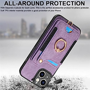 JanCalm for iPhone 14 Case,Phone Case for iPhone 13,Card Holder Wallet,Ring Holder Stand,RFID-Blocking,Wrist Strap,Camera Protector,Leather Protective Magnetic Flip Cover for iPhone 13/14 (Purple)