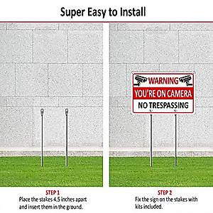 You're on Camera Sign with Stake, Metal No Trespassing Sign with Posts, Aluminum Video Surveillance Signs for Yard Outdoor, Kits Included, Easy to Install