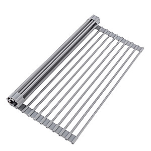 Oizeir Roll Up Dish Drying Rack - Silicone Coated Stainless Steel, Over The Sink, Foldable, Heat-Resistant, Anti-Slip, Dish Drainer. (17" x 12.5")