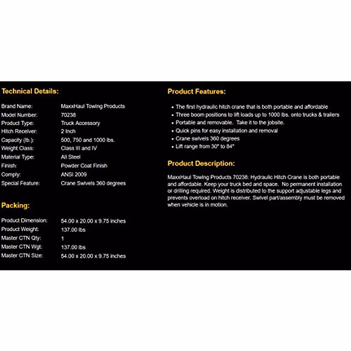 MAXXHAUL 70238 Receiver Hitch Mounted Crane - 1000 lbs. Capacity