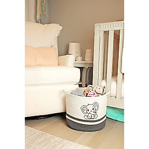 Rope Basket with Baby Elephant, Toy Storage, Nursery Storage, Blanket Storage, 14”x11”x12, White, Grey