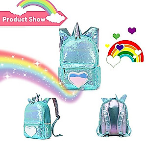 Muizary 3Pcs Cute Unicornios Backpack Set with Lunch Bag, Elementary Knapsack Rainbow Sequins bookbag for Girls and Woman -L(blue)