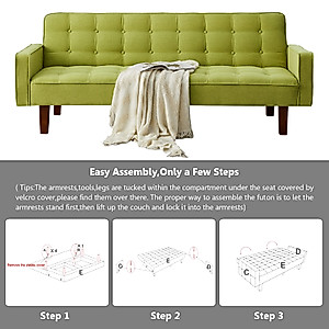 Setawix Linen Futon Sofa Couch Bed Button Tufted Convertible Sleeper Sofa Beds Reclining Armed 3 Seater Sofas Couches for Living Room Bedroom Apartment Small Spaces (Green)