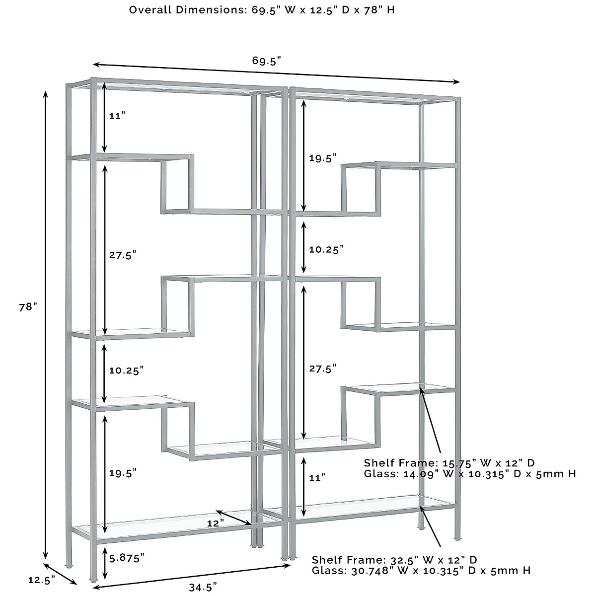 Crosley Furniture Sloane 2-Piece Bookshelf Set with Glass Shelves, Bookcase Storage, Matte Black